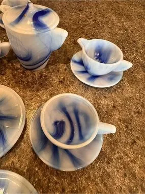 Accessories | Vintage Glass Childs Tea Set Milk And Blue Artisan Glass ...